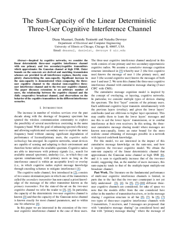 (PDF) The sum-capacity of the linear deterministic three-user cognitive interference channel