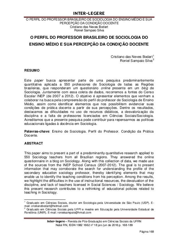 (PDF) O PERFIL DO PROFESSOR BRASILEIRO DE SOCIOLOGIA DO ENSINO MÉDIO E ...