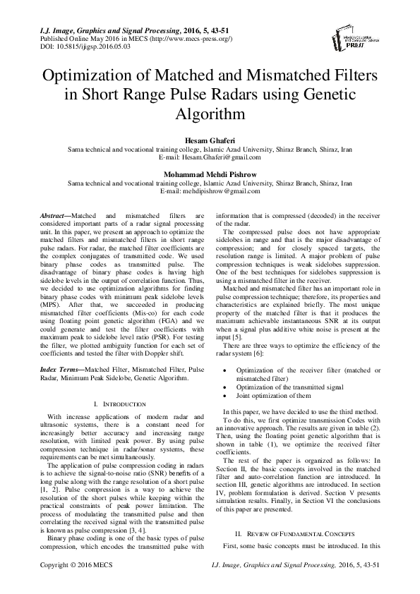 (PDF) Optimization of Matched and Mismatched Filters in Short Range Pulse Radars using Genetic ...
