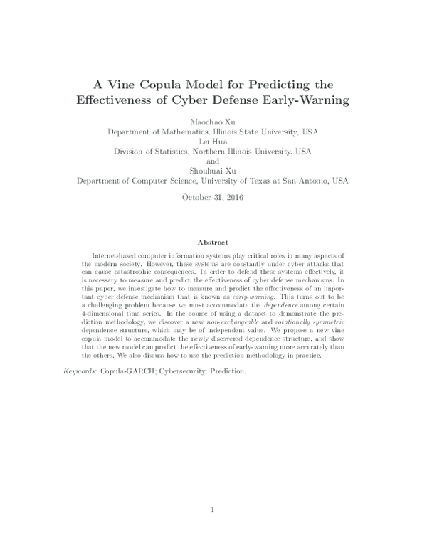 (PDF) A Vine Copula Model for Predicting the Effectiveness of Cyber Defense Early-Warning