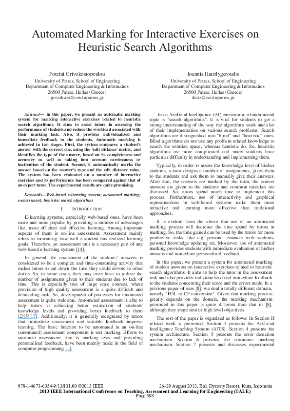 Pdf Automated Marking For Interactive Exercises On Heuristic Search Algorithms