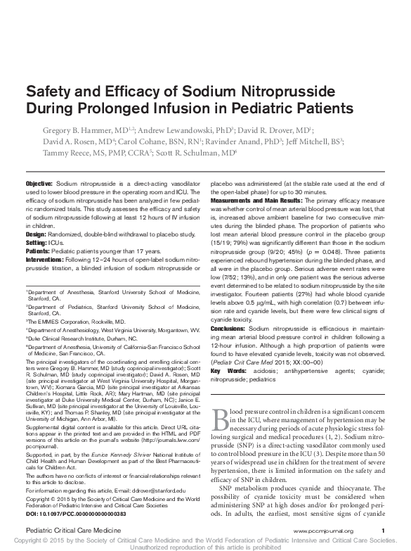 (PDF) Safety and Efficacy of Sodium Nitroprusside During Prolonged ...