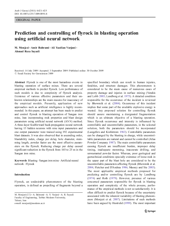 (PDF) Prediction and controlling of flyrock in blasting operation using artificial neural network