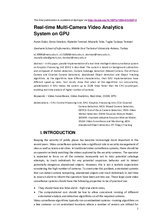 (PDF) Real-time Multi-Camera Video Analytics System on GPU