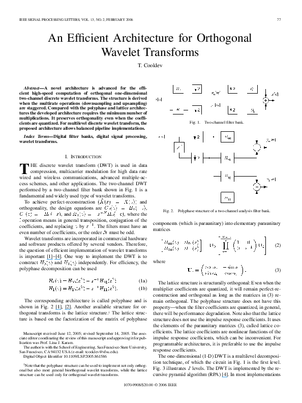 Pdf An Efficient Architecture For Orthogonal Wavelet Transforms