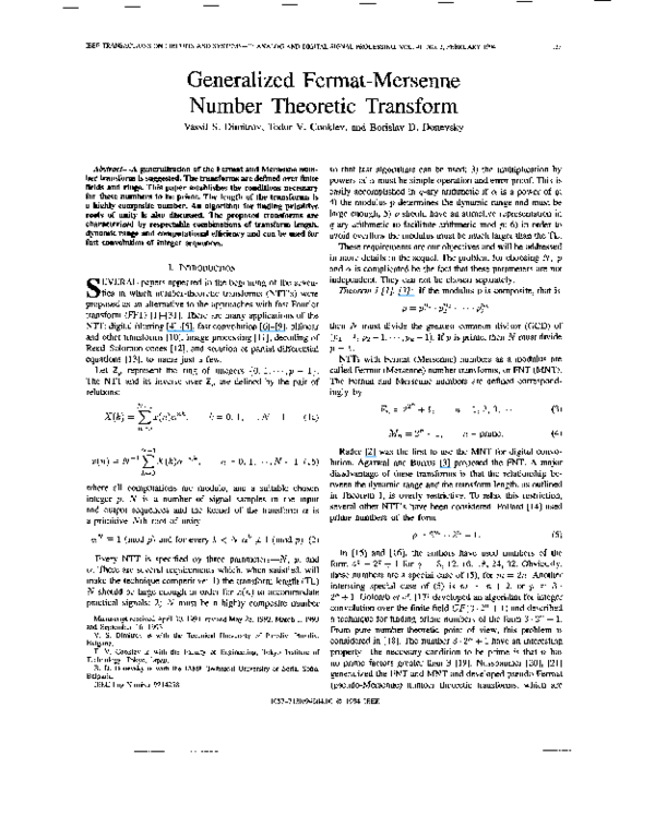 (PDF) Generalized Fermat-Mersenne number theoretic transform