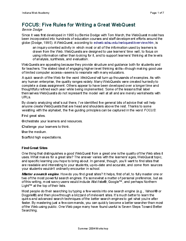 (DOC) FOCUS: Five rules for writing a great WebQuest