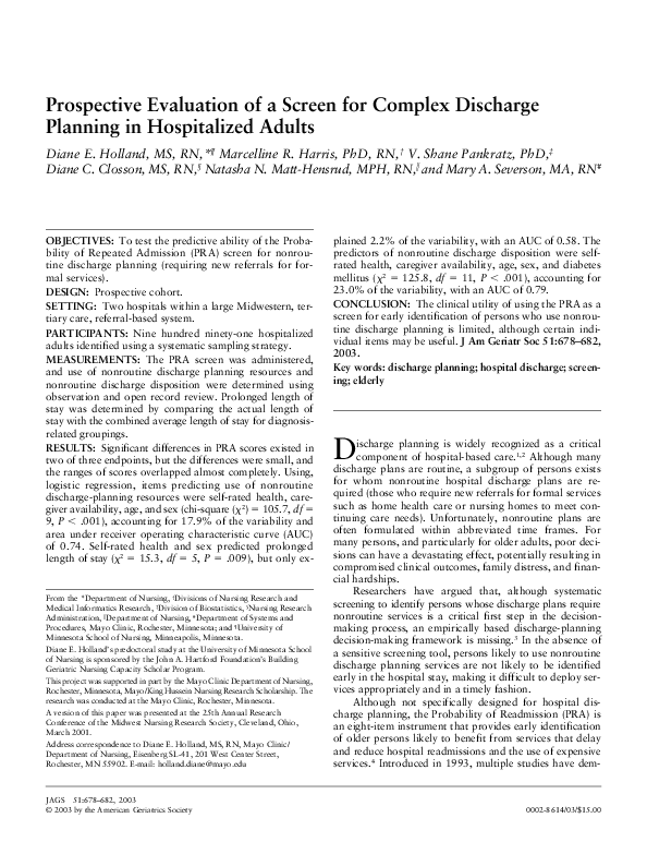 (PDF) Prospective Evaluation of a Screen for Complex Discharge Planning ...