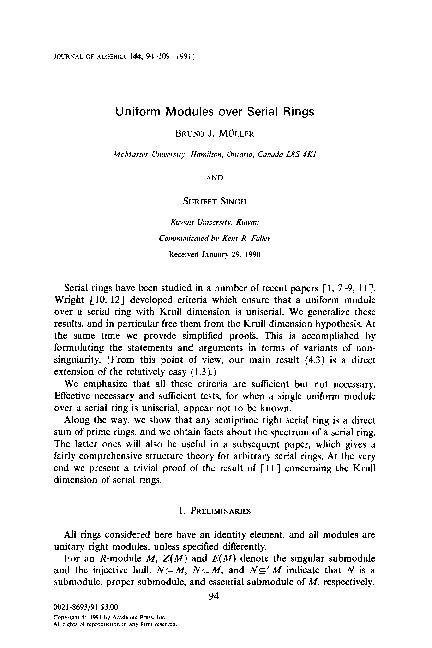 (PDF) Uniform modules over serial rings