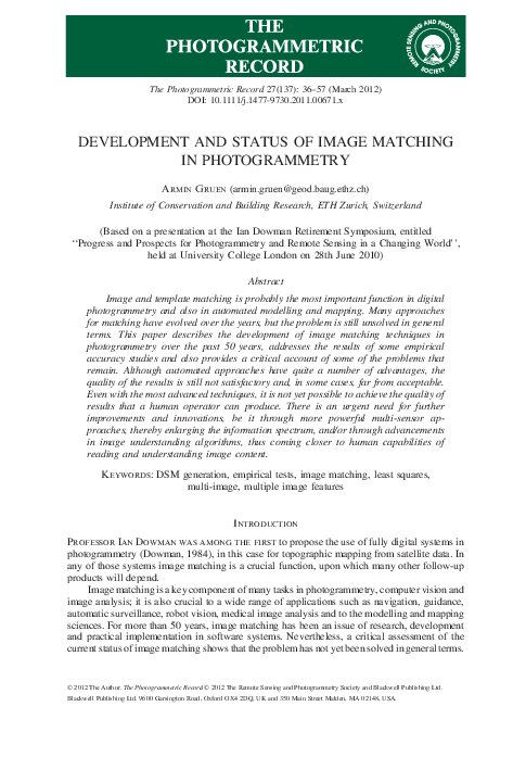 (PDF) Development and Status of Image Matching in Photogrammetry