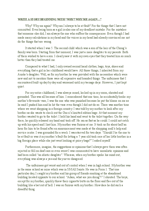 (DOC) WRITE A STORY BEGINNING WITH " WHY? WHY ME AGAIN… " | Gloria Wan ...