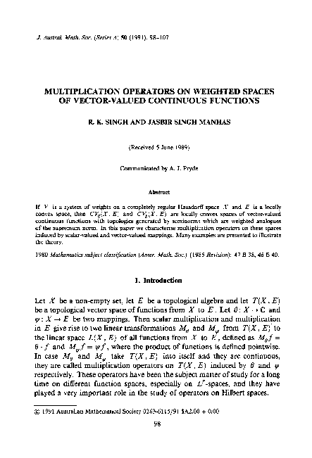 (PDF) Multiplication operators on weighted spaces of vector-valued continuous functions