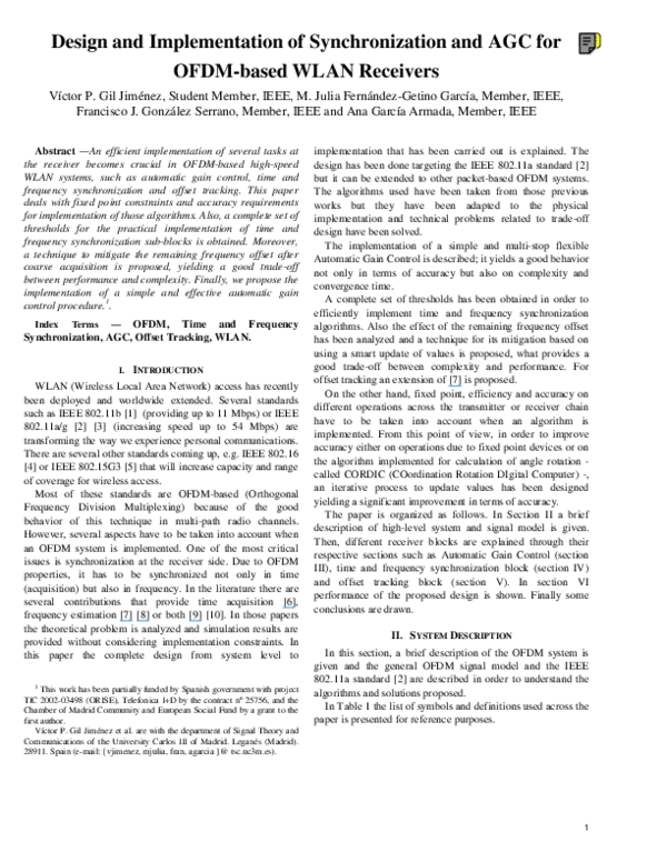 Pdf Design And Implementation Of Synchronization And Agc For Ofdm Based Wlan Receivers