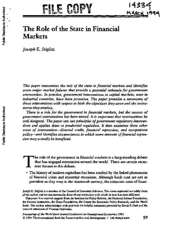(PDF) The role of the state in financial markets