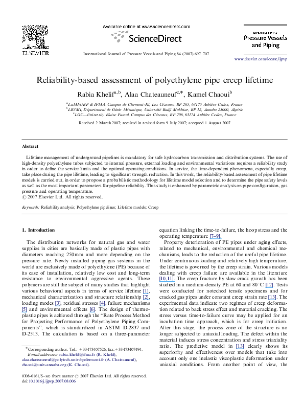 (PDF) Reliability-based assessment of polyethylene pipe creep lifetime