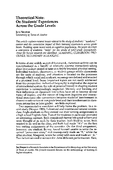 (PDF) Theoretical Note: On Students' Experiences Across the Grade Levels