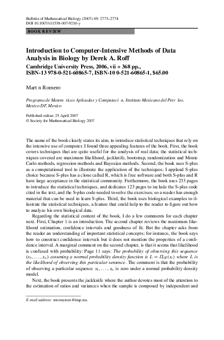 Pdf Introduction To Computer Intensive Methods Of Data Analysis In Biologyintroduction To