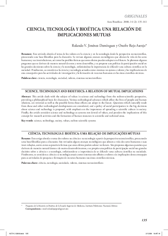 (PDF) CIENCIA, TECNOLOGÍA Y BIOÉTICA: UNA RELACIÓN DE IMPLICACIONES ...