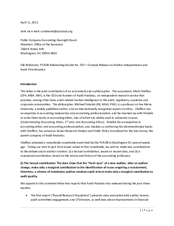 (PDF) Comment Letter on PCAOB Docket no 37-- Concept Release on Auditor ...