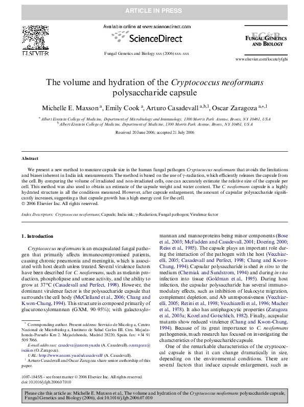 (PDF) The volume and hydration of the Cryptococcus neoformans ...