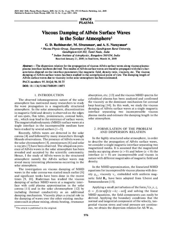 (PDF) Viscous damping of Alfvén surface waves in the solar atmosphere