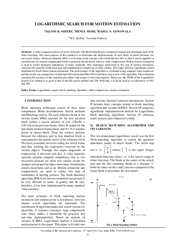 (PDF) LOGARITHMIC SEARCH FOR MOTION ESTIMATION | vittapu sravan - Academia.edu