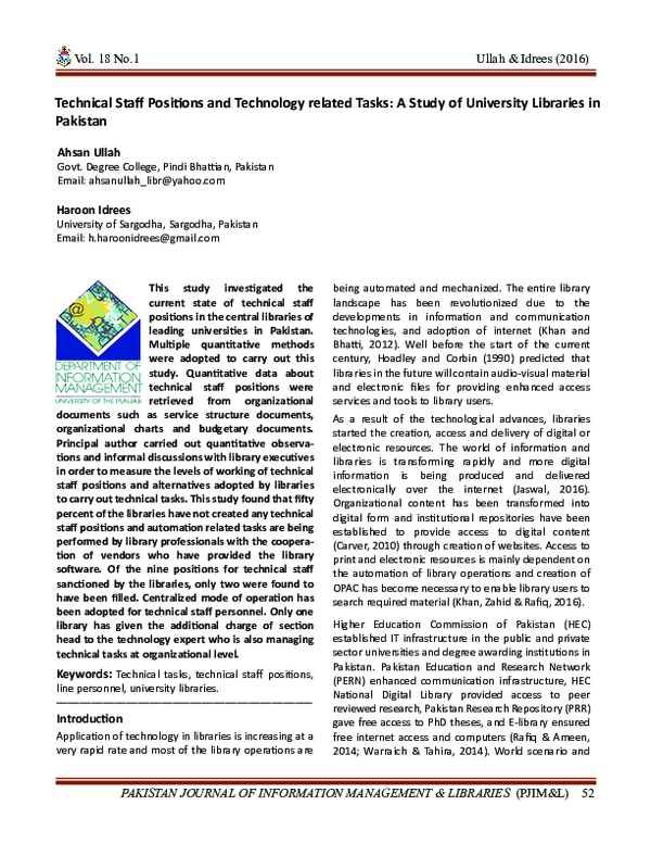 (PDF) Technical Staﬀ Positions and Technology related Tasks: A Study of ...