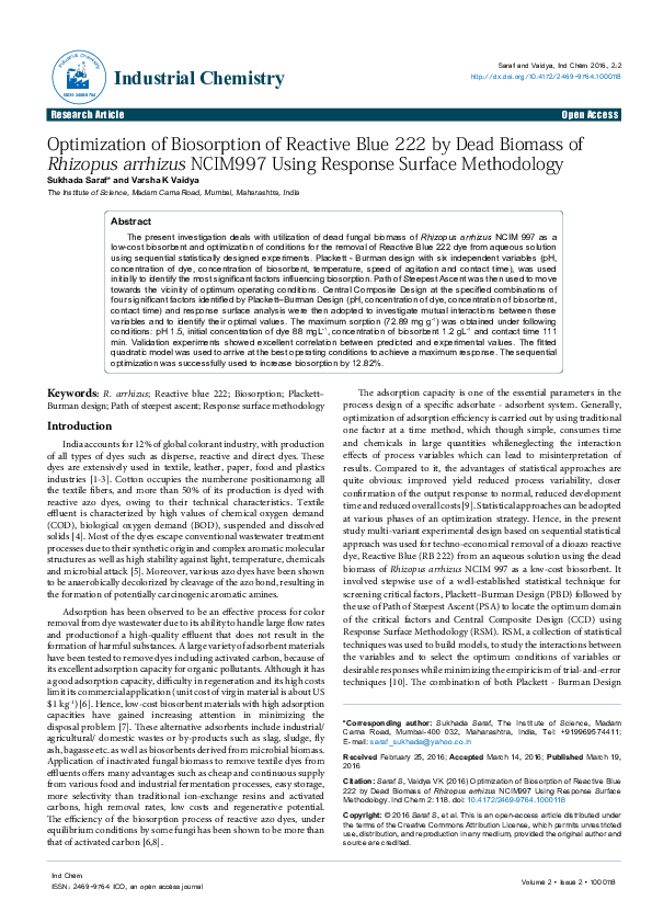 (PDF) Optimization of Biosorption of Reactive Blue 222 by Dead Biomass ...