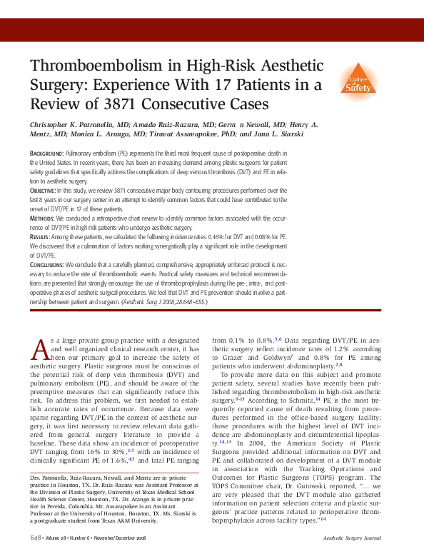 (PDF) Thromboembolism in High-Risk Aesthetic Surgery: Experience With ...
