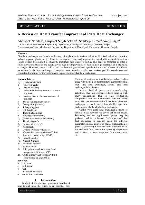 (PDF) A Review on Heat Transfer Improvement of Plate Heat Exchanger