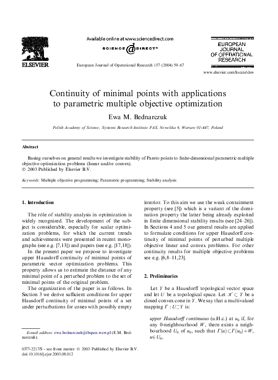 (PDF) Continuity of minimal points with applications to parametric multiple objective optimization