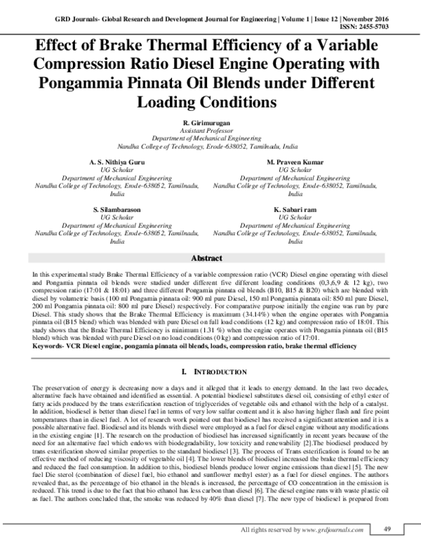 Pdf Effect Of Brake Thermal Efficiency Of A Variable Compression Ratio Diesel Engine Operating