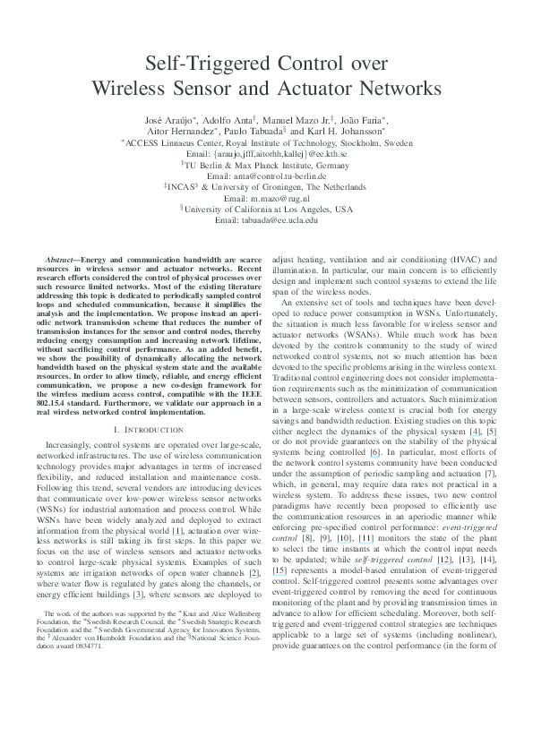 Pdf Self Triggered Control Over Wireless Sensor And Actuator Networks