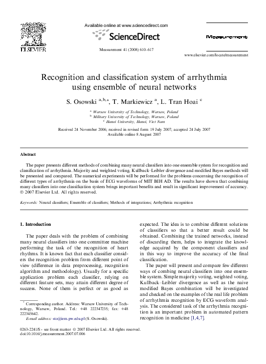Pdf Recognition And Classification System Of Arrhythmia Using Ensemble Of Neural Networks