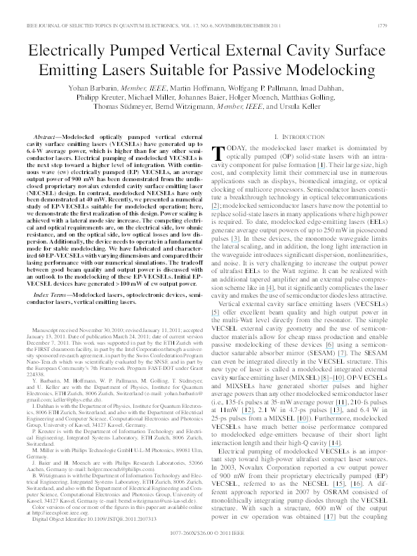 Pdf Electrically Pumped Vertical External Cavity Surface Emitting Lasers Suitable For Passive