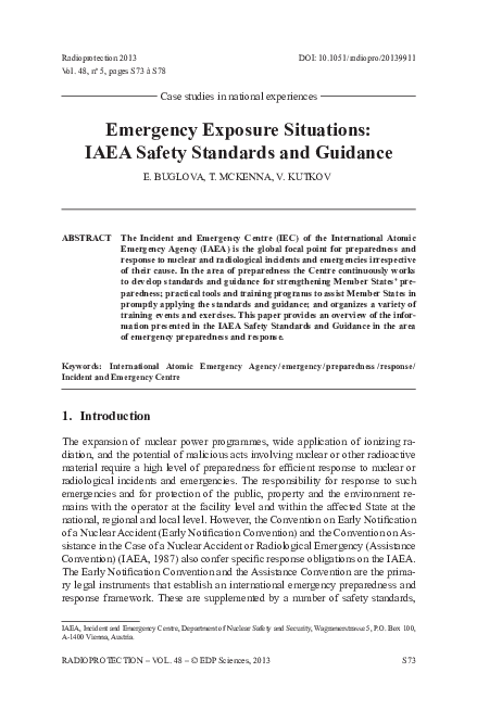 (PDF) Emergency Exposure Situations: IAEA Safety Standards and Guidance
