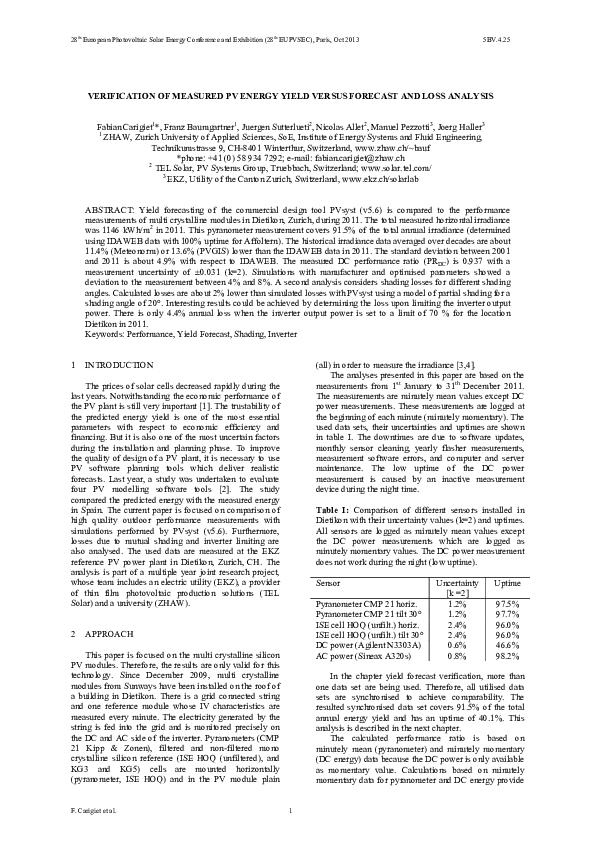 (PDF) VERIFICATION OF MEASURED PV ENERGY YIELD VERSUS FORECAST AND LOSS ...