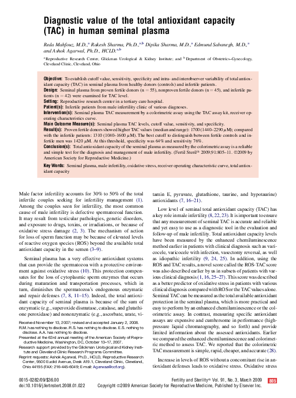 (PDF) Diagnostic value of the total antioxidant capacity assay in human ...