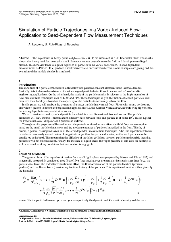 Pdf Simulation Of Particle Trajectories In A Vortex Induced Flow Application To Seed
