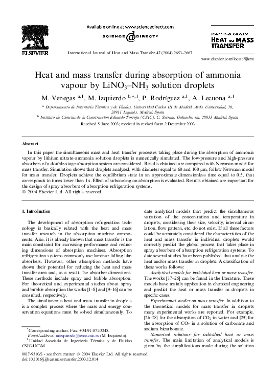 (PDF) Heat and mass transfer during absorption of ammonia vapour by LiNO 3–NH 3 solution droplets