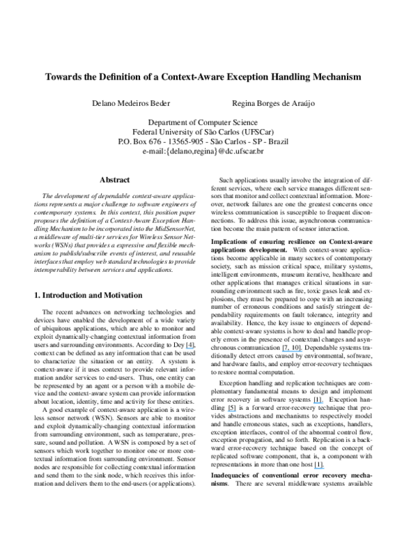 Pdf Towards The Definition Of A Context Aware Exception Handling
