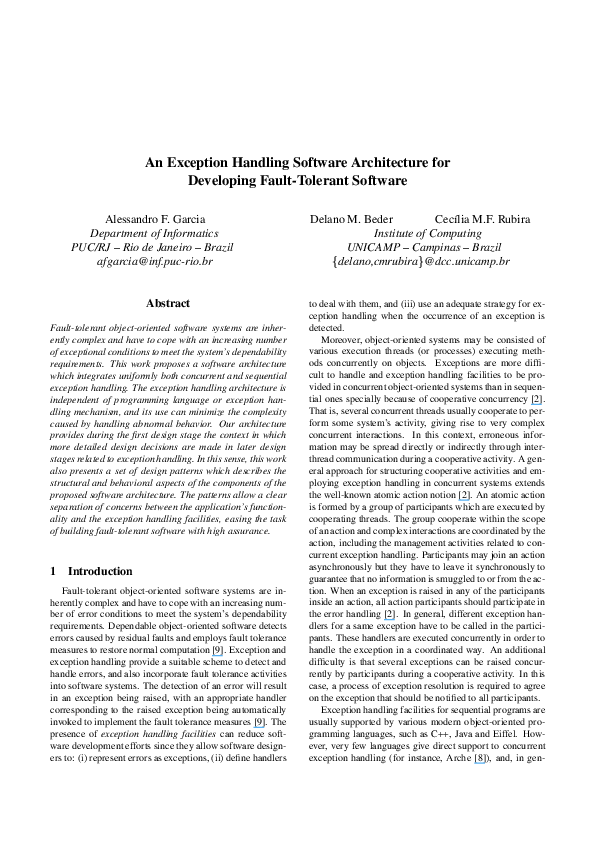 Pdf Fault Tolerant Exception Handling Architecture