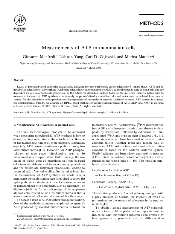(PDF) Measurements of ATP in mammalian cells