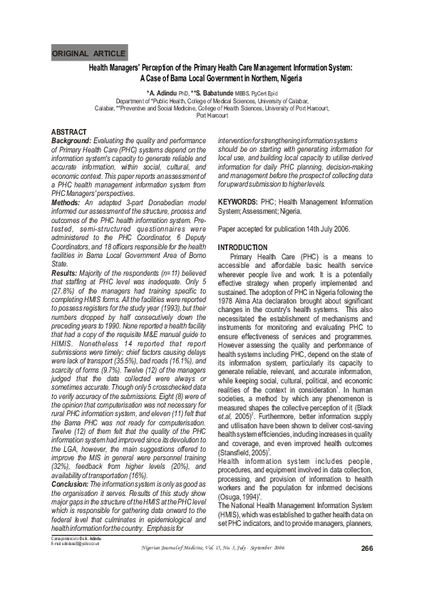 (PDF) Health managers' perception of the primary health care management information system: a ...