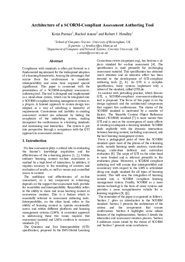 (PDF) Architecture of a SCORM-Compliant Assessment Authoring Tool
