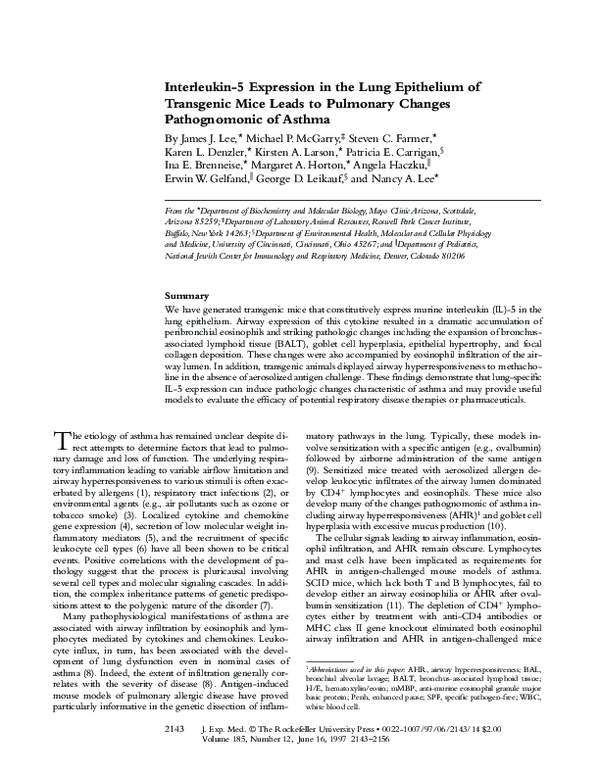 (PDF) Interleukin5 Expression in the Lung Epithelium of Transgenic Mice ...