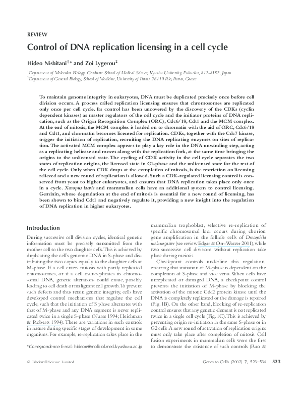 (PDF) Control of DNA replication licensing in a cell cycle