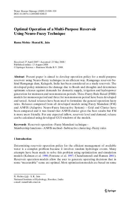(PDF) Optimal operation of a multi-purpose reservoir using neuro-fuzzy technique
