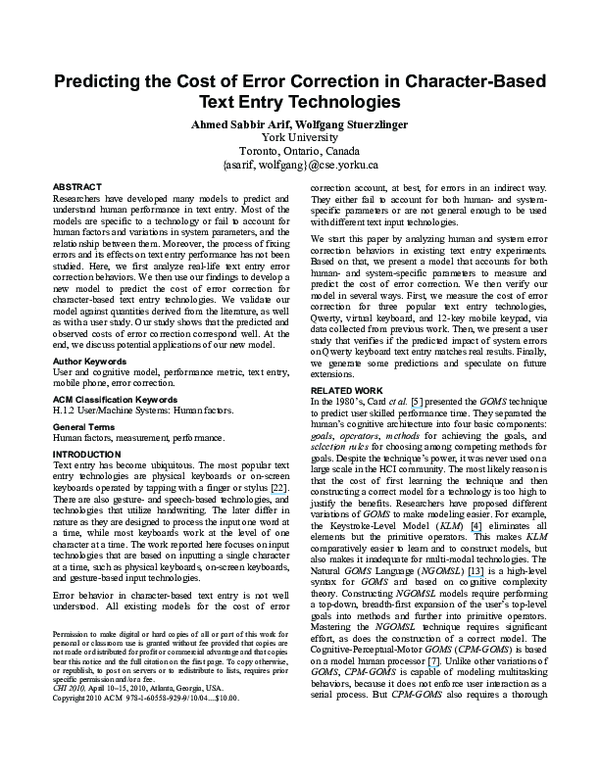(PDF) Predicting the cost of error correction in character-based text entry technologies