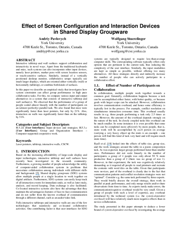 (PDF) Effect of screen configuration and interaction devices in shared display groupware
